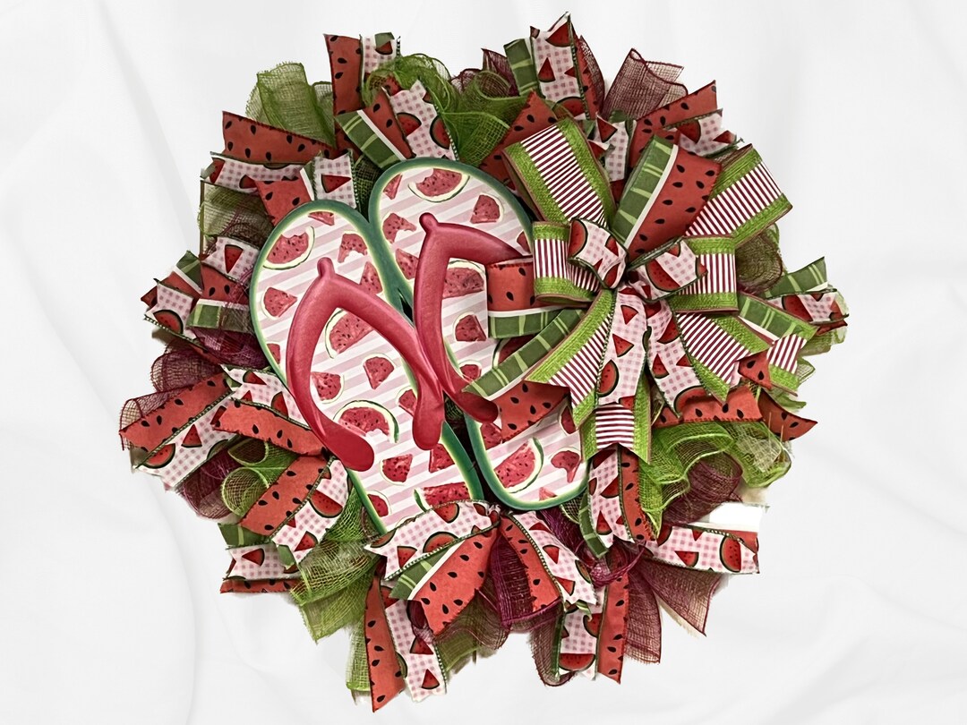 Watermelon Flip Flop Wreath, Summer Door Decor, Handmade Mesh Wreath ...