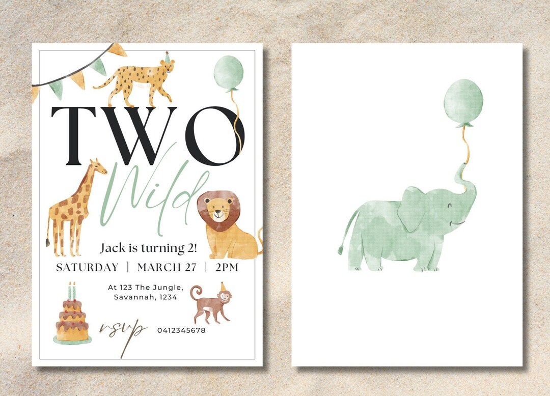 Two Wild Party Invitation A5. Birthday Invite 2nd Birthday Safari ...