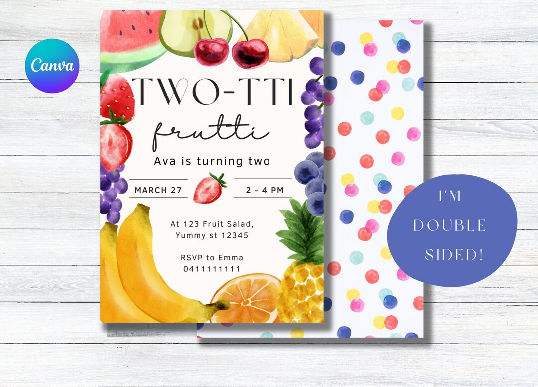 Two-tti Frutti Invitation A5. Birthday Invite Fruit Salad Tutti Fruity ...