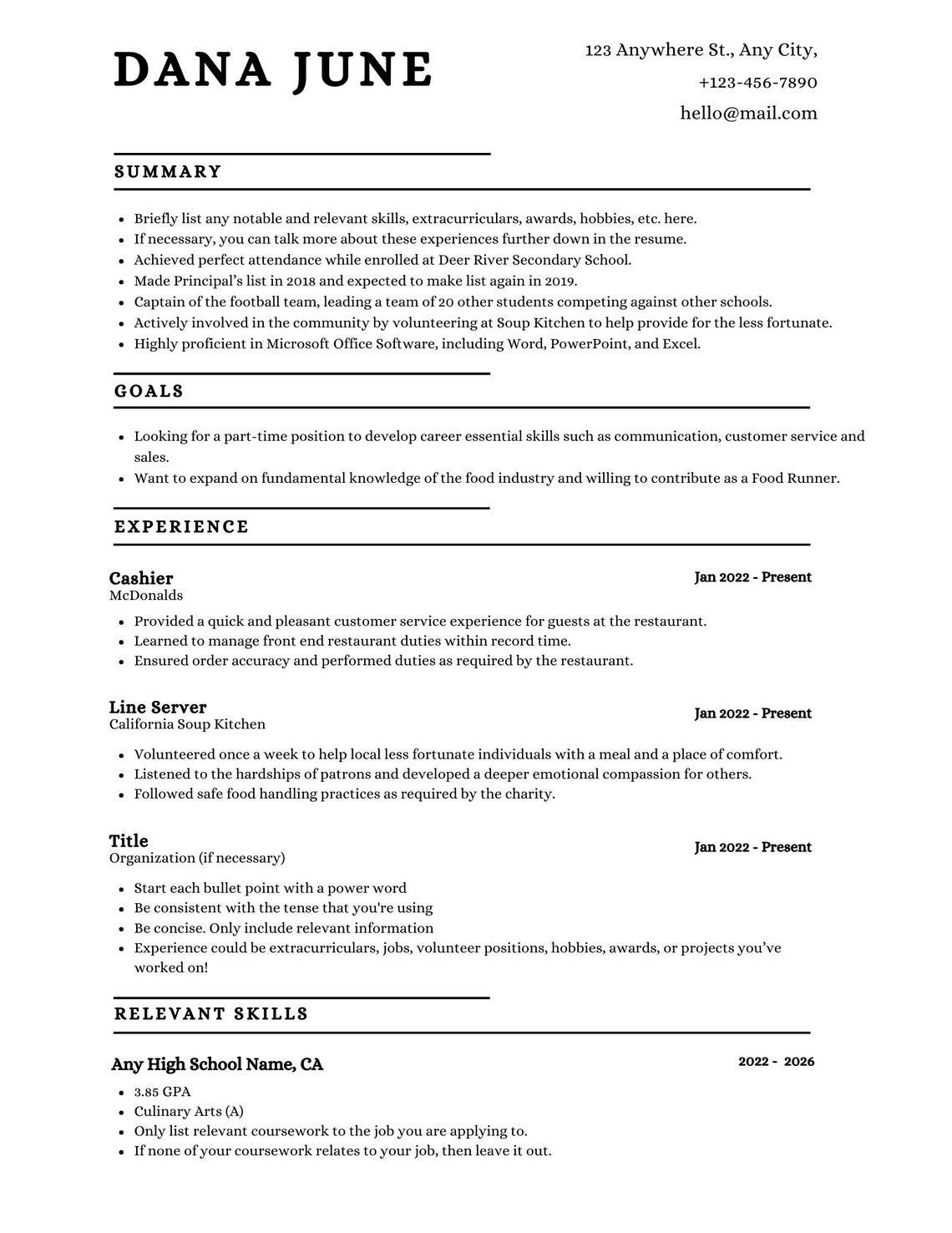 Entry Level Student Resume Template And Cover Letter, Clean And Simple 