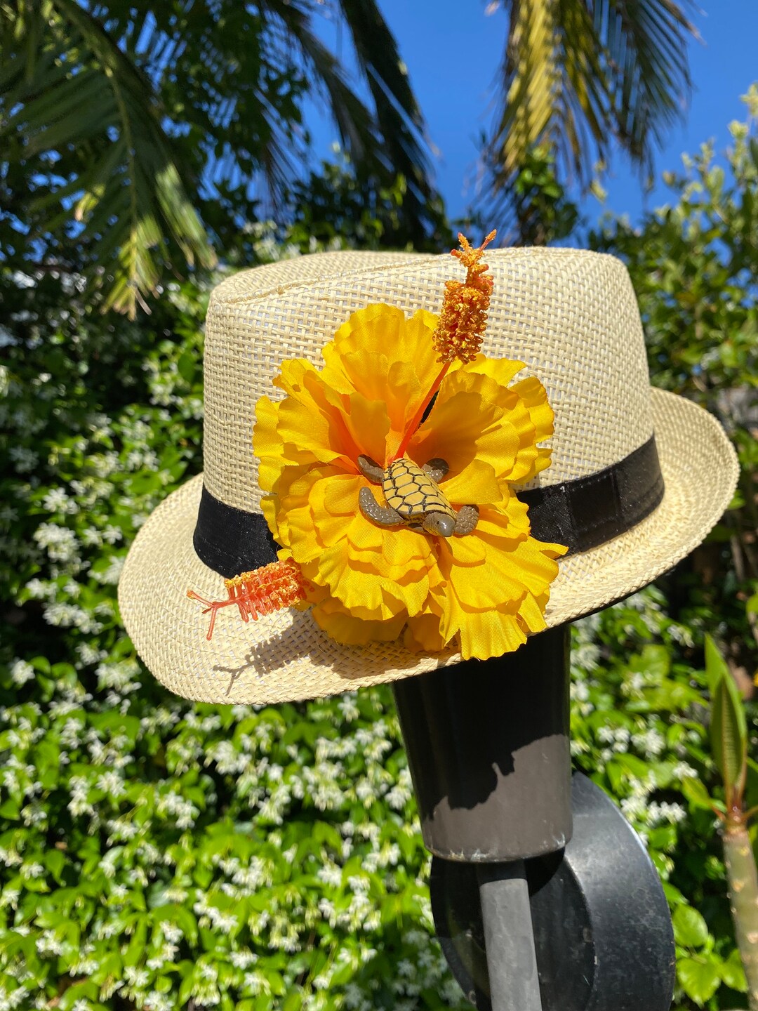 Tropical Yellow Hibiscus Tiki Hat Fob/hair Flower With Turtle - Etsy