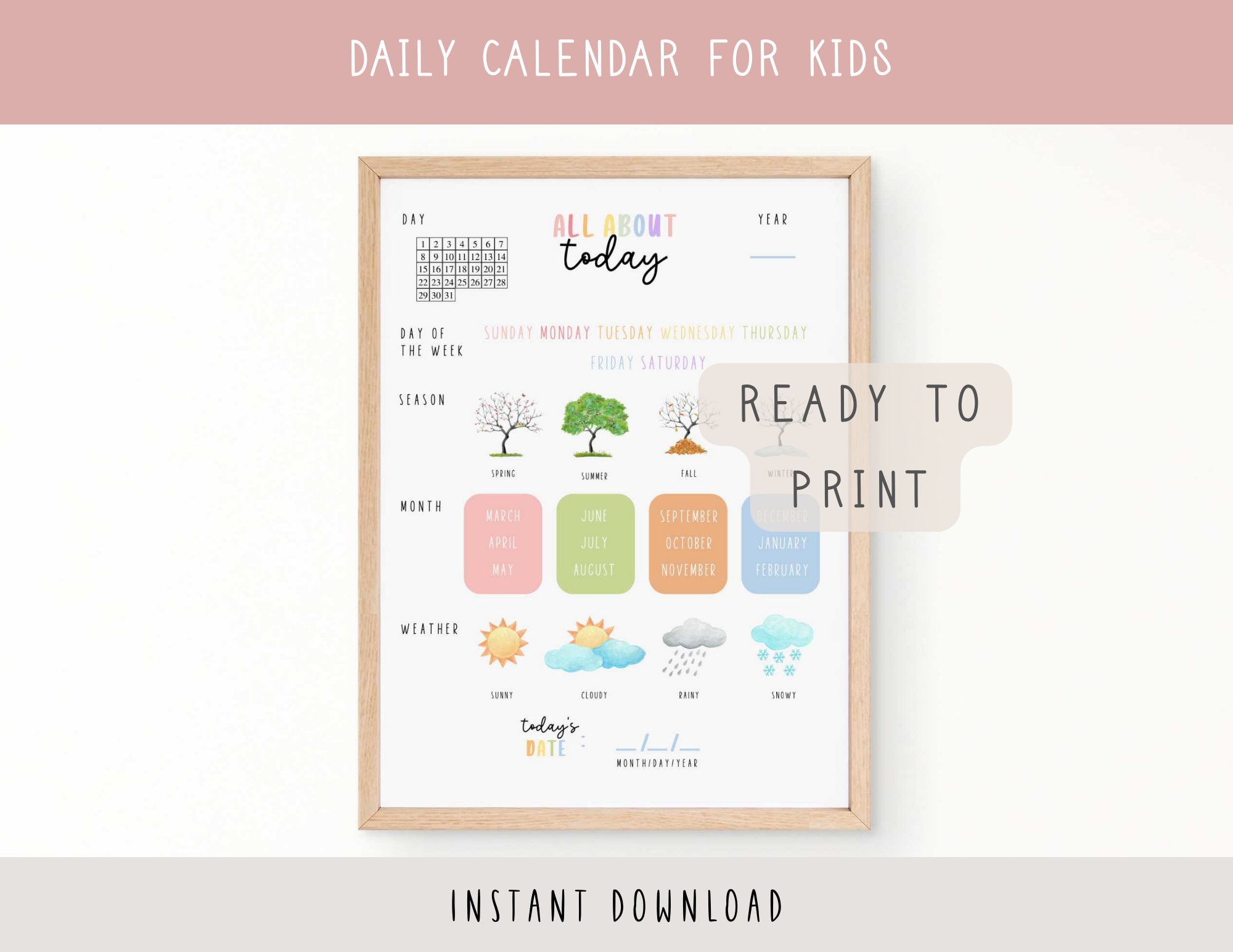 All About Today Daily Calendar for Kids, Printable Toddler Activity ...