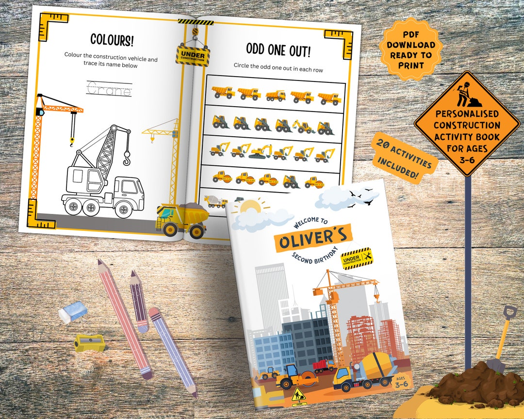 Personalised Construction Activity Book for Kids Digital Booklet DL ...