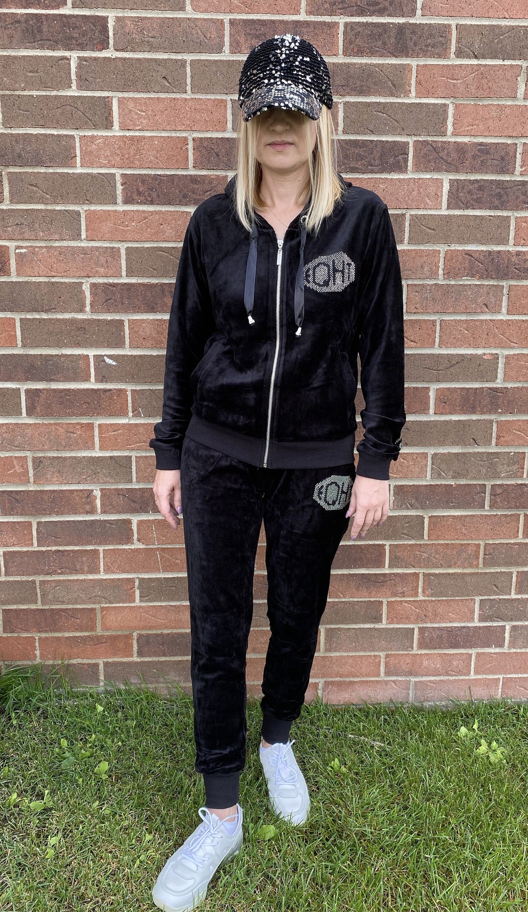 LUXURIOUS Fashion Velour Black Tracksuit Velvet Set With Rhinestones ...