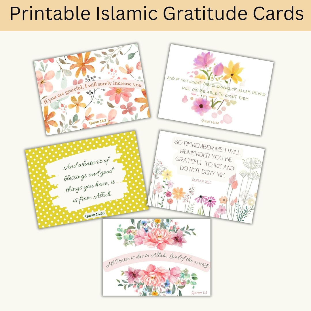 Printable Islamic Gratitude Card Set of 5 Quran Verses Muslimah Gift - Etsy