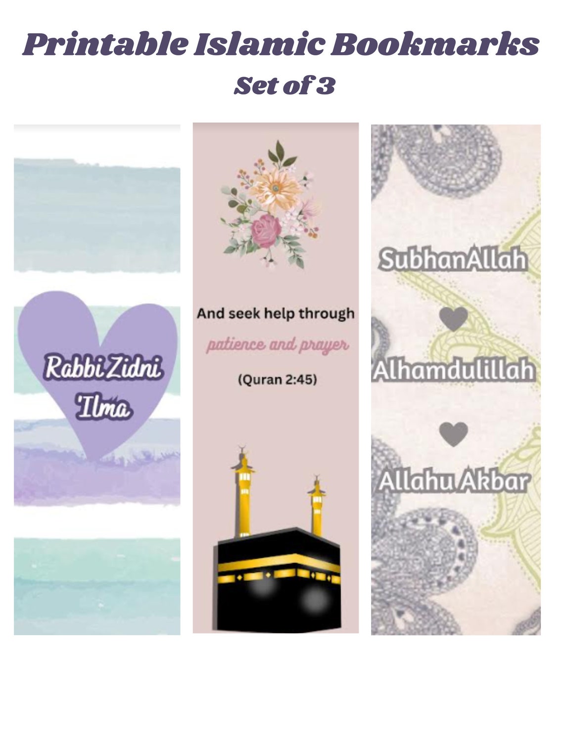 Printable Islamic Bookmarks Set of 3 Purple Pastel Theme - Etsy