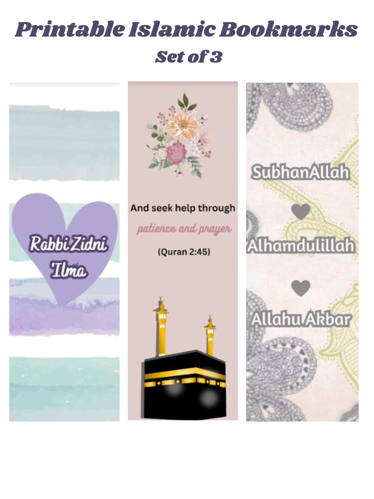 Printable Islamic Bookmarks, Set of 3, Purple Pastel Theme - Etsy
