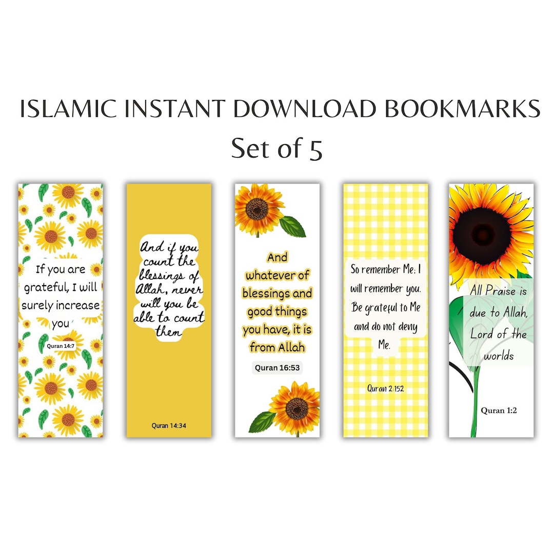 Islamic Printable Bookmarks Quran Verses Gratitude Set of 5 Digital ...