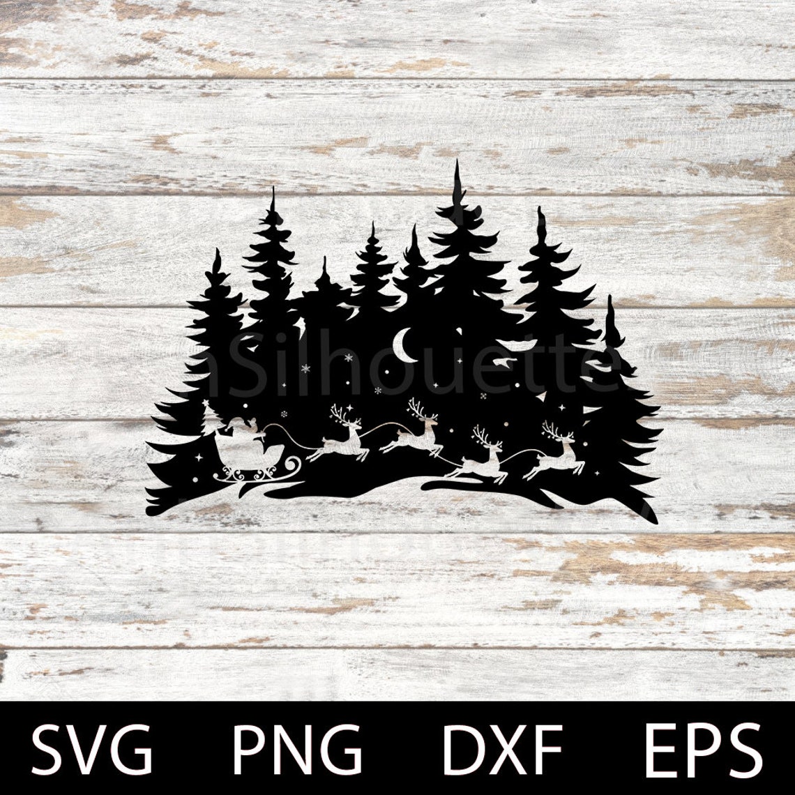 Santa Christmas Night Svg, Santa Sleigh Svg, Starry Forest Svg, Xmas ...