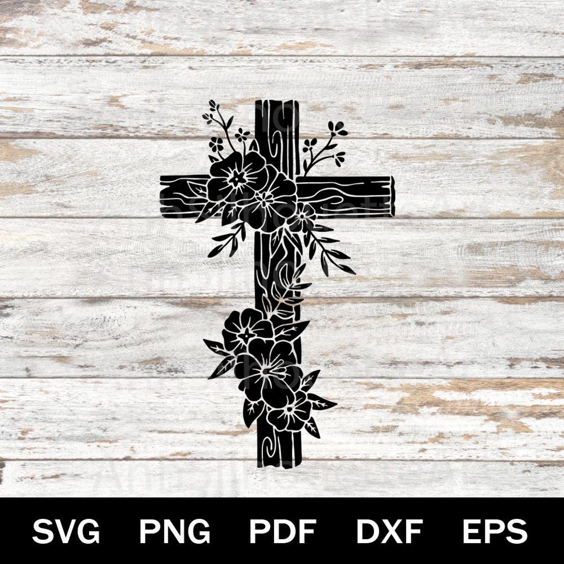 Floral Cross Svg Png, Rustic Wooden Cross With Flowers Hand Drawn ...