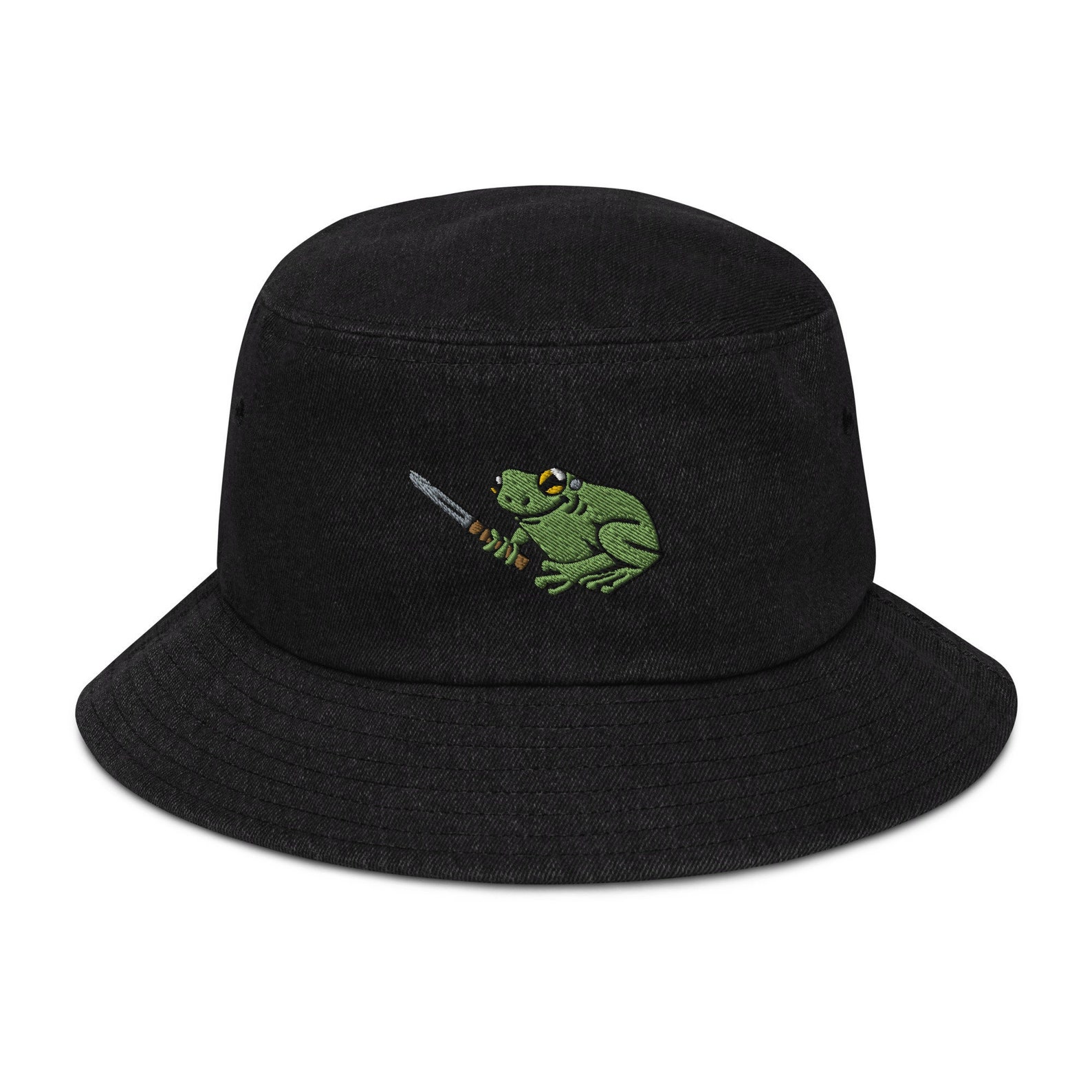 Frog With Knife | Denim Bucket Hat | Embroidered Hat - Etsy