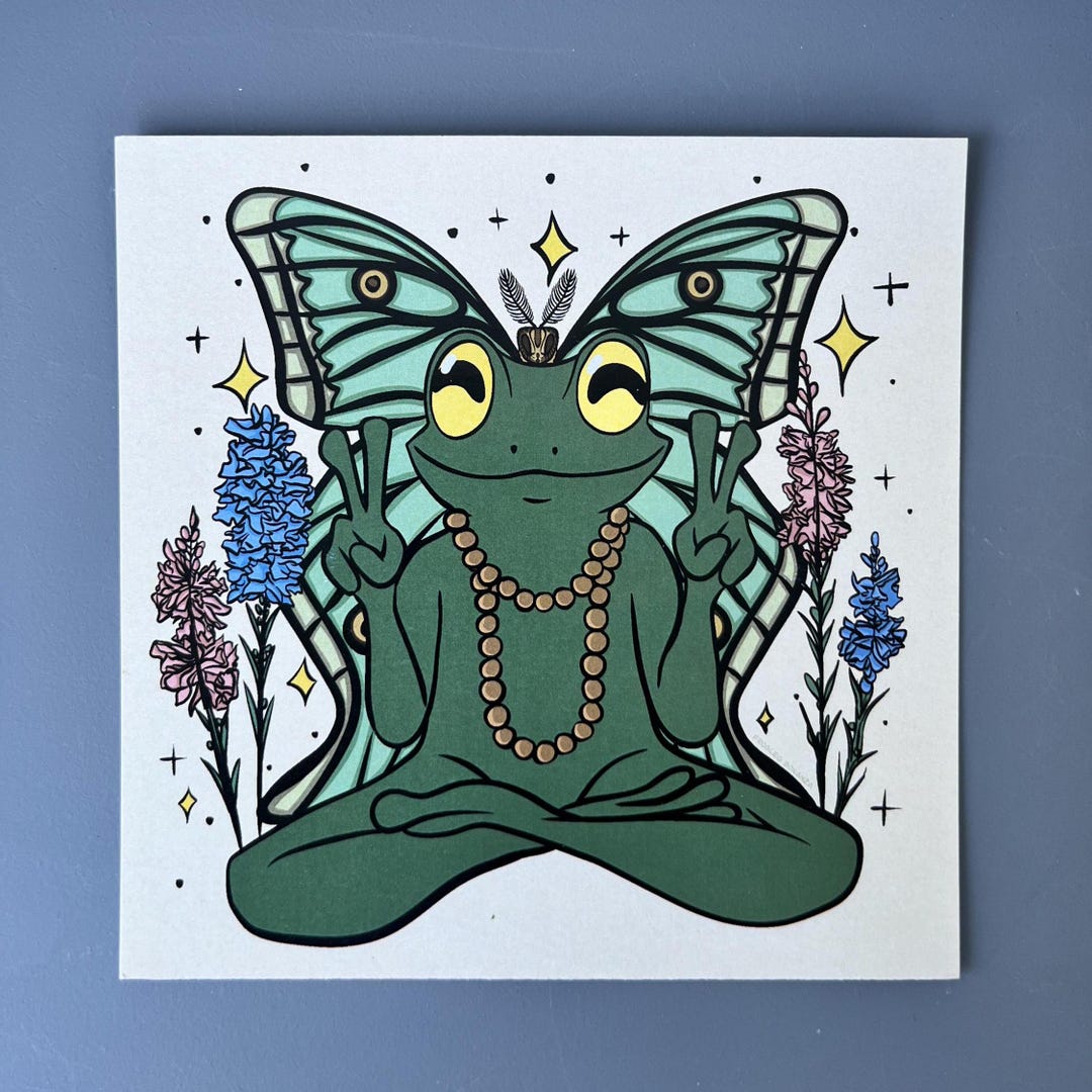 Art Print Luna Moth and Frog Peace Sign Flowers - Etsy