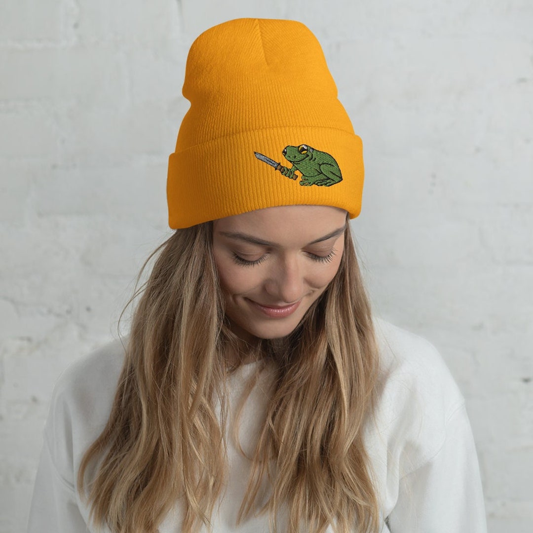 Frog With Knife | Cuffed Beanie | Embroidered Hat | Rave Festival Wear ...