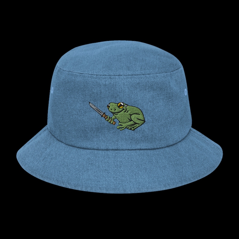 Frog With Knife | Denim Bucket Hat | Embroidered Hat - Etsy