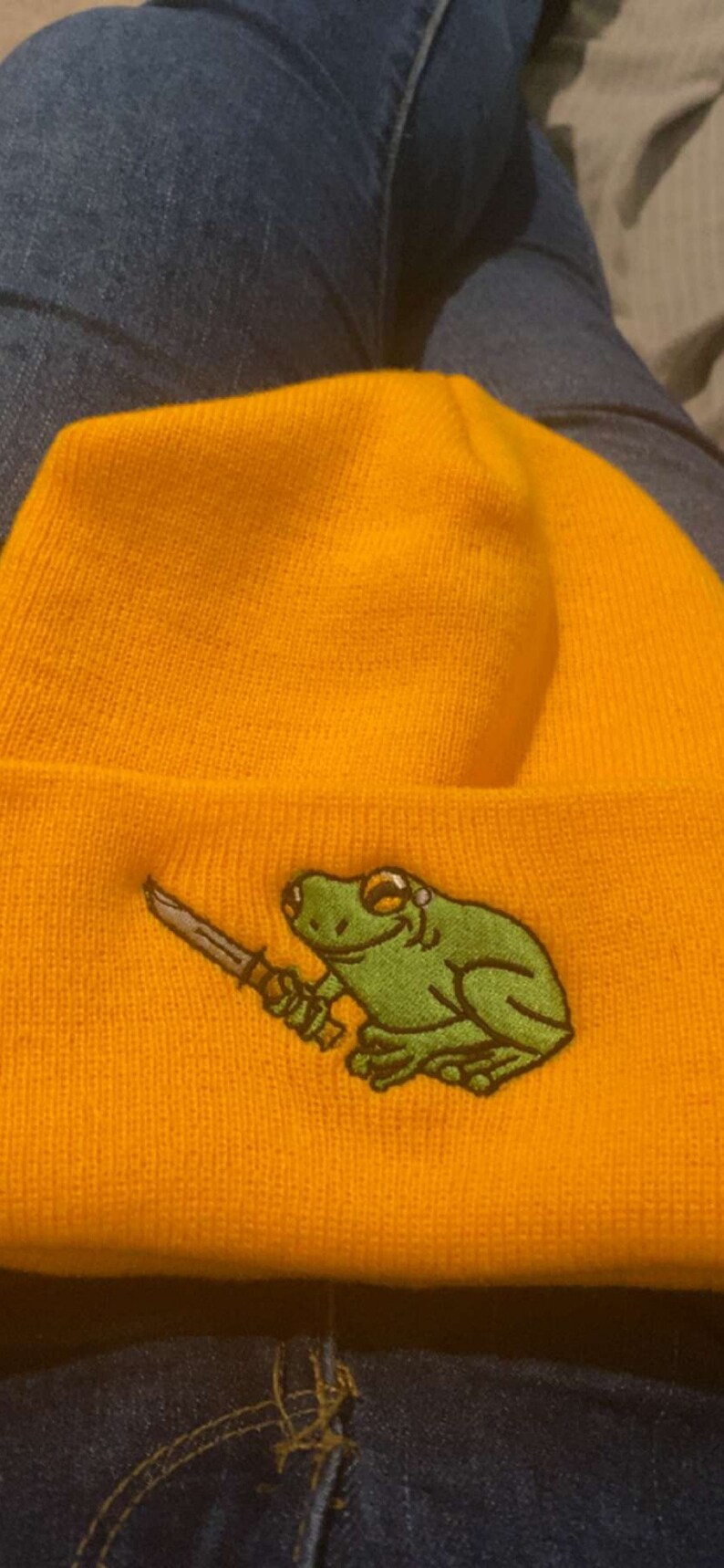 Frog With Knife | Cuffed Beanie | Embroidered Hat | Rave Festival Wear ...