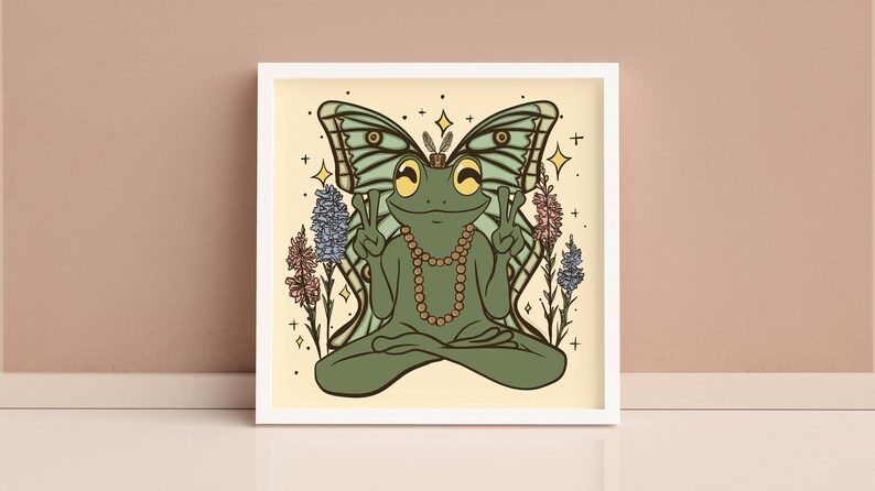 Art Print Luna Moth and Frog Peace Sign Flowers - Etsy