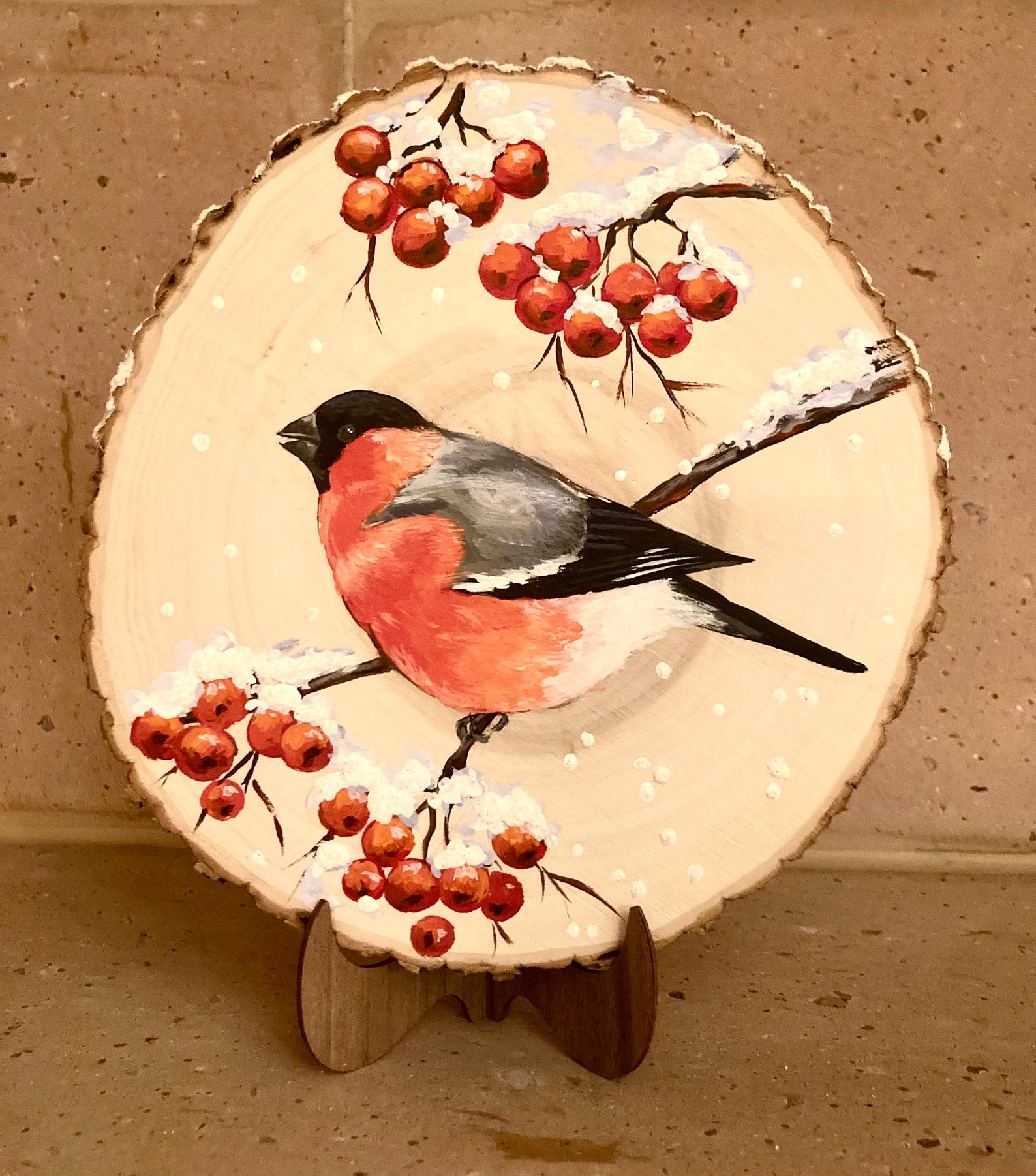 Hand Painted Wood Slice Art. Bullfinch on Red Rowan Branch . Wooden ...