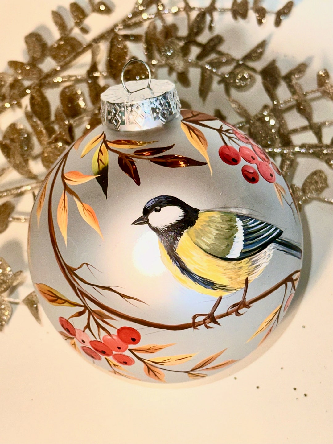 Chickadee Hand Painted Christmas Ornament, Glass , Silver-matte, 4 ...