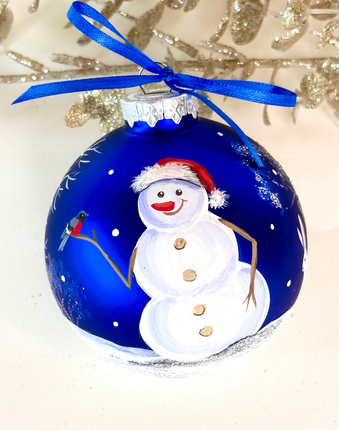 Snowman With Finch, Hand Painted Christmas Ornament, Blue , Matte - Etsy