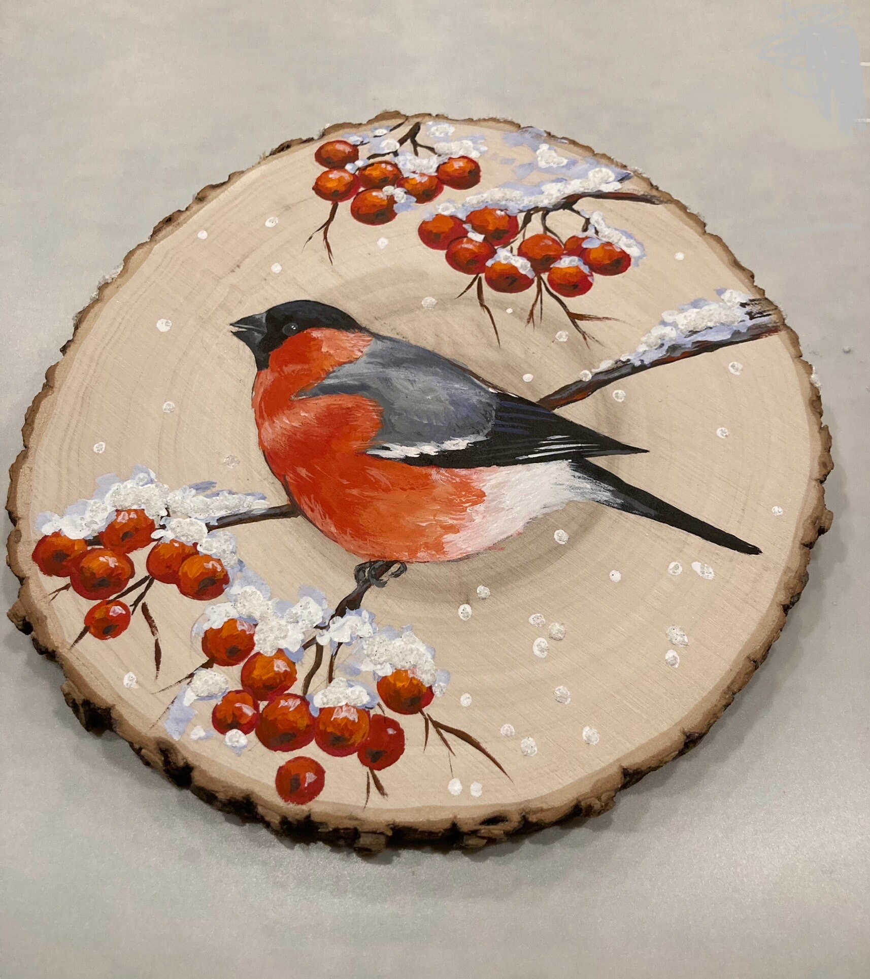 Hand Painted Wood Slice Art. Bullfinch on Red Rowan Branch . Wooden ...
