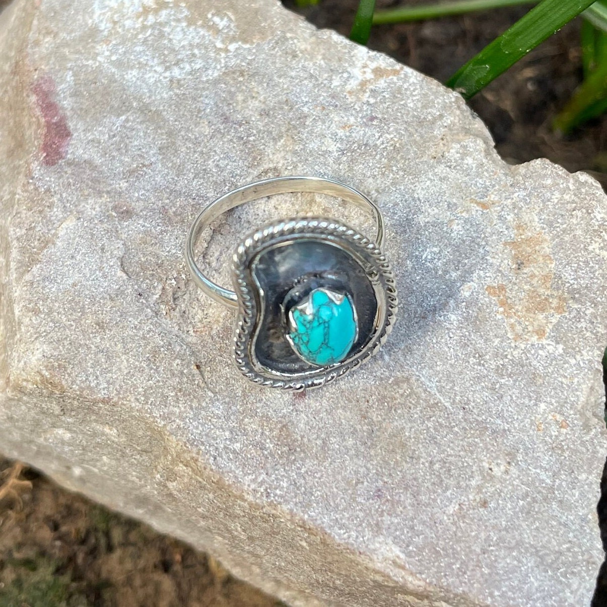 Vintage Shadowbox Turquoise Ring, Sterling Silver Blue Turquoise Ring ...