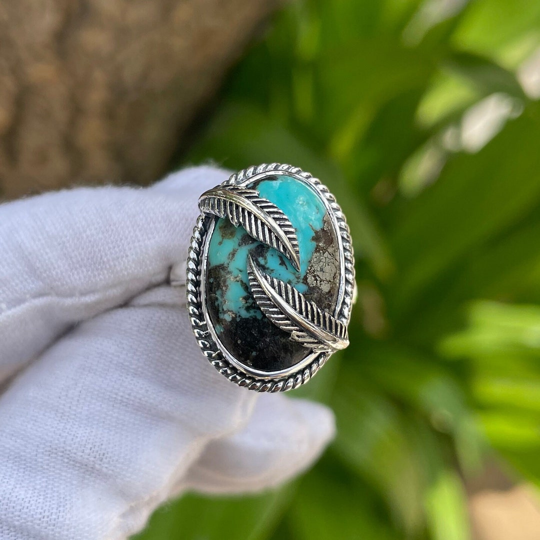 Turquoise Silver Ring, Turquoise Leaf Ring for Gifts, Handmade ...