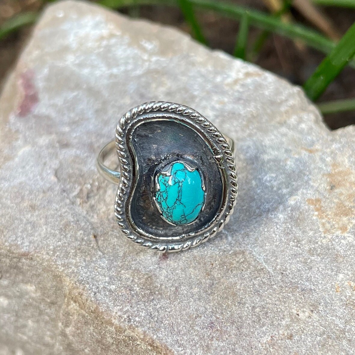 Vintage Shadowbox Turquoise Ring, Sterling Silver Blue Turquoise Ring ...