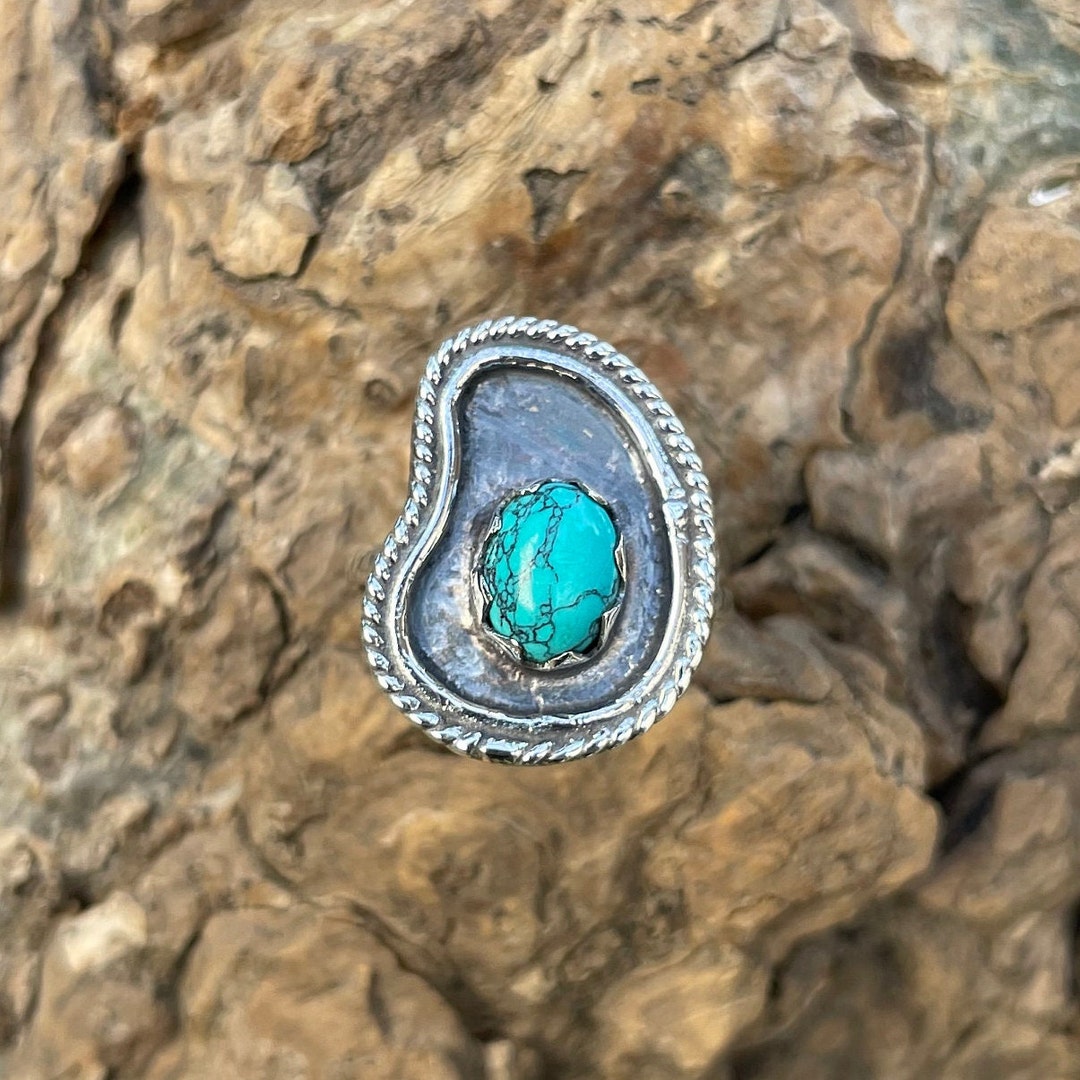 Vintage Shadowbox Turquoise Ring, Sterling Silver Blue Turquoise Ring ...