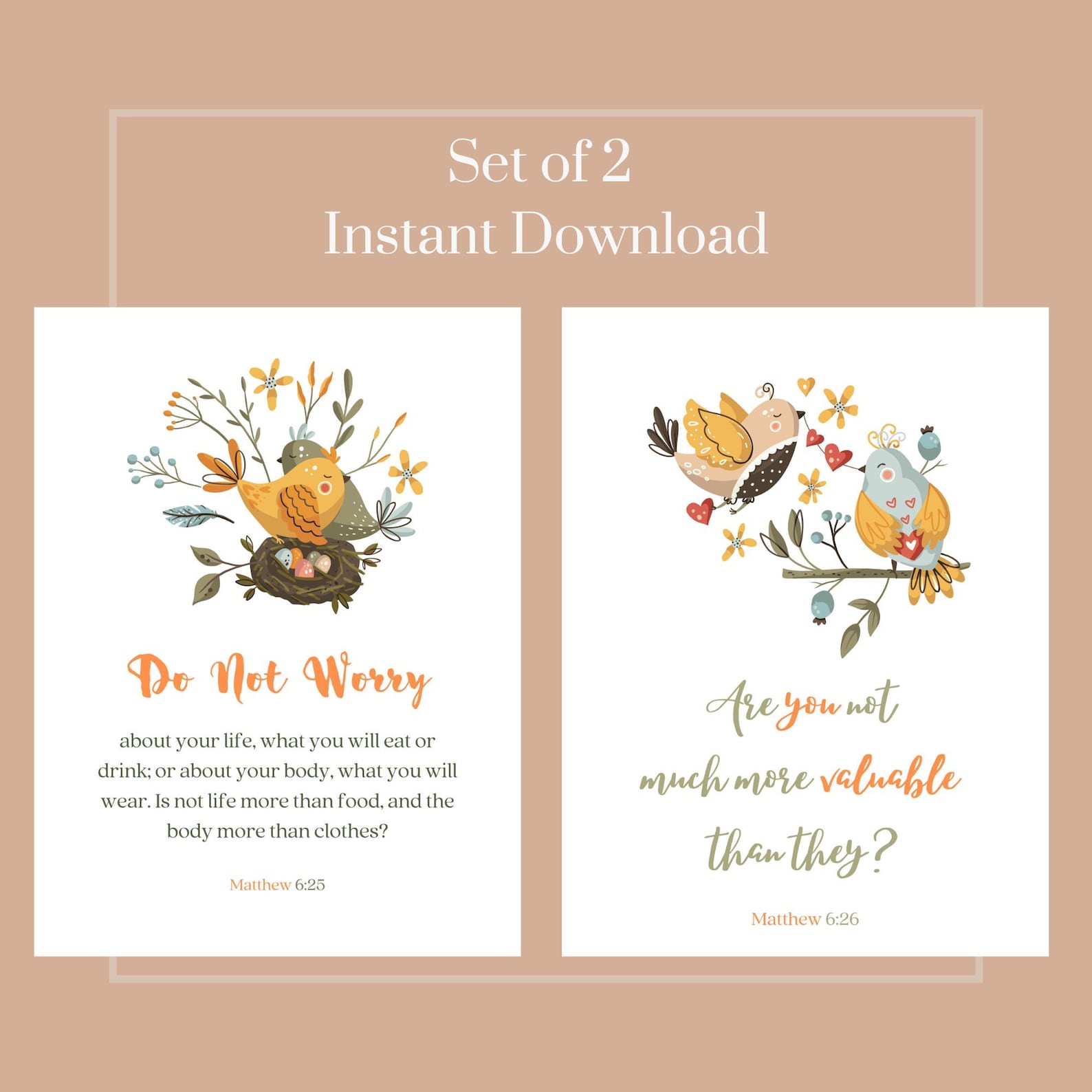 Matthew 6:25-26 Do Not Worry Christian Set of 2 Bible Verse Printable ...