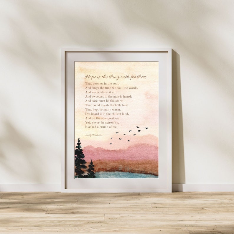 Emily Dickinson Hope is the Thing With Feathers, Watercolor Background ...