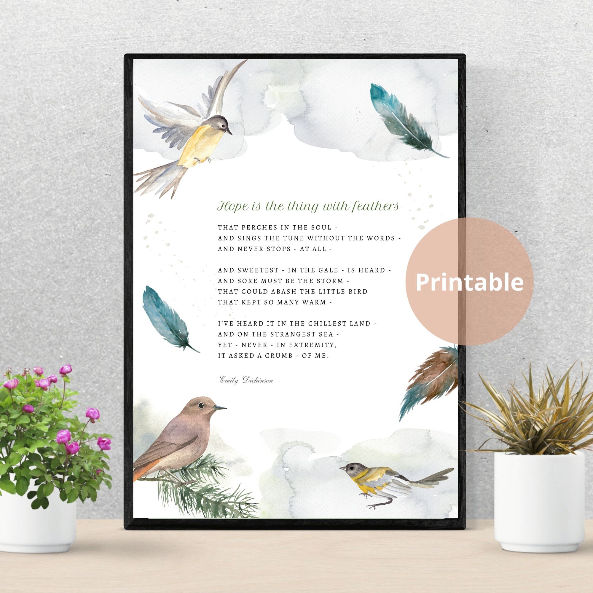 Emily Dickinson Hope is the Thing With Feathers Art Print, Watercolor ...