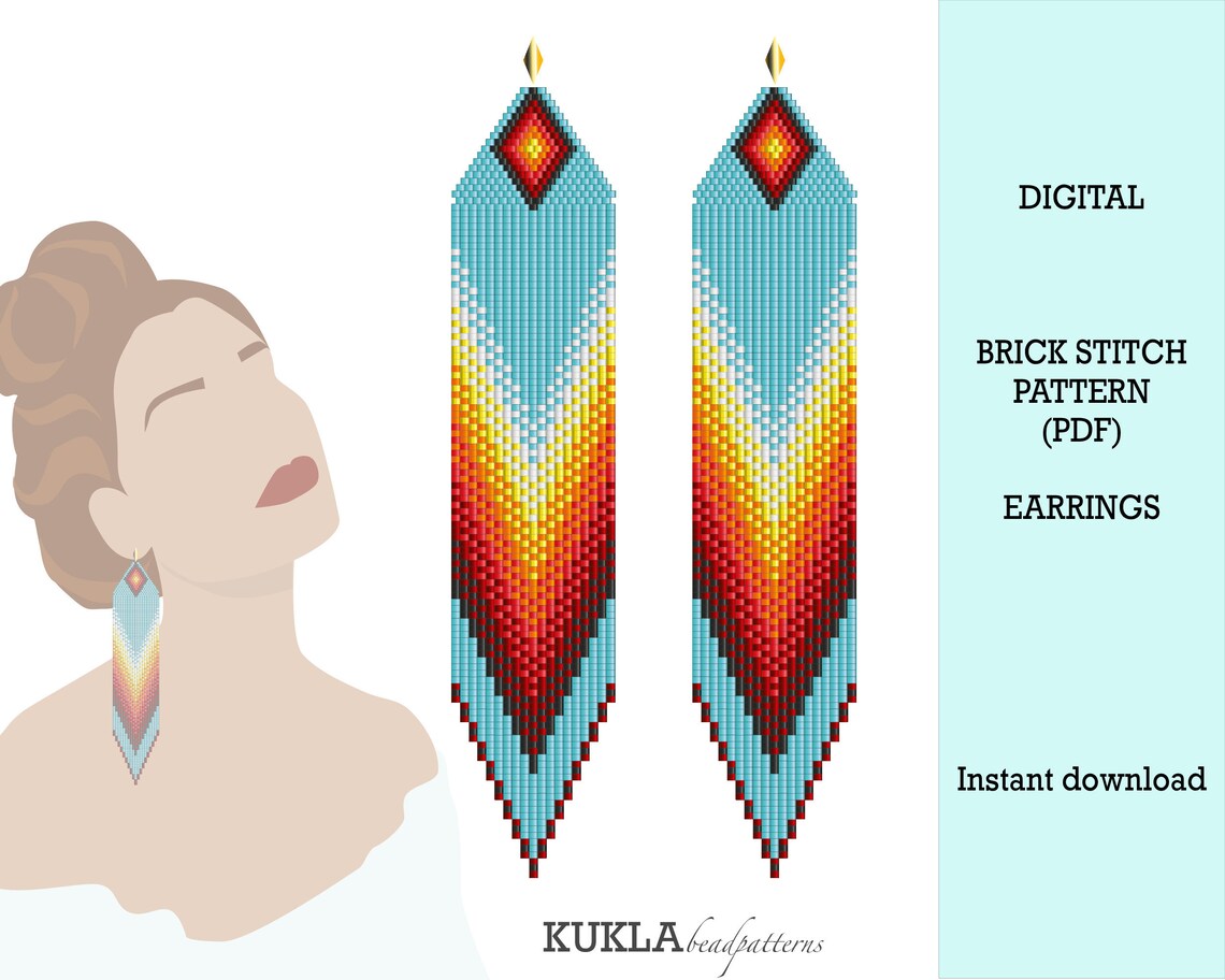 Blue Fire Beaded Earrings Pattern: Brick Stitch Fringe (PDF) - Etsy