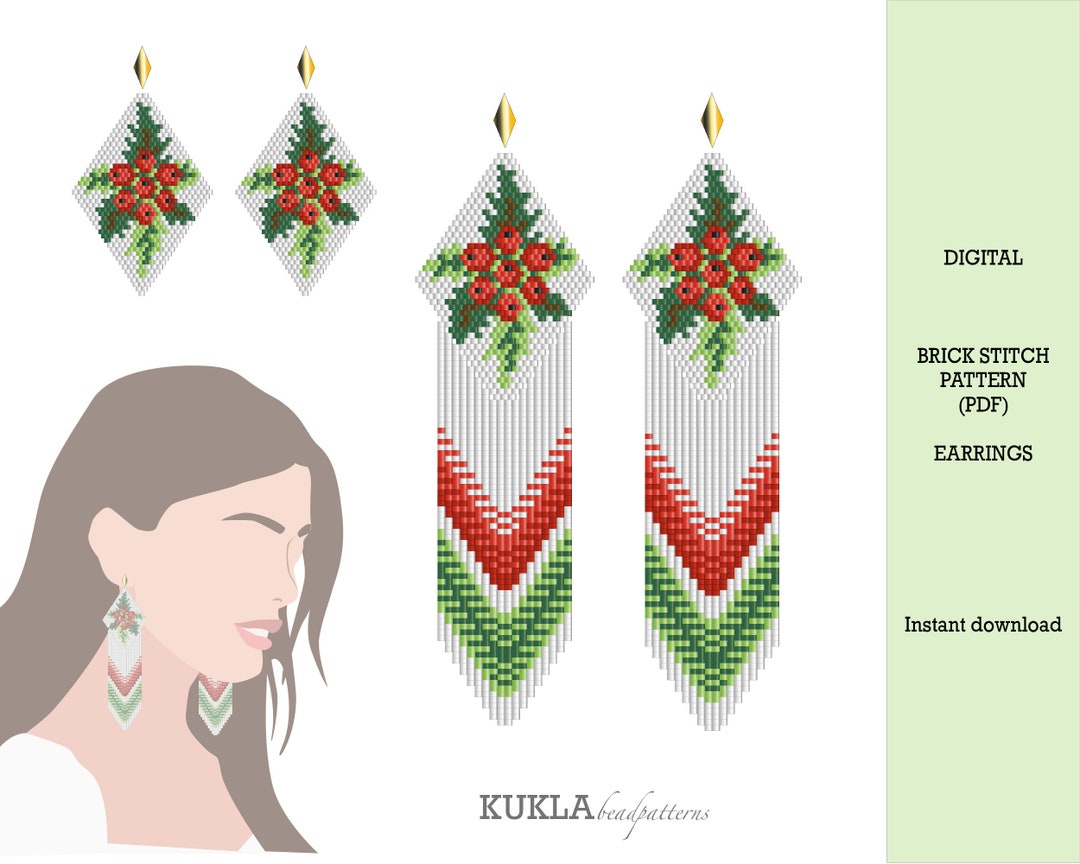 Christmas Flower Beaded Earrings Pattern: Brick Stitch Fringe (PDF) - Etsy