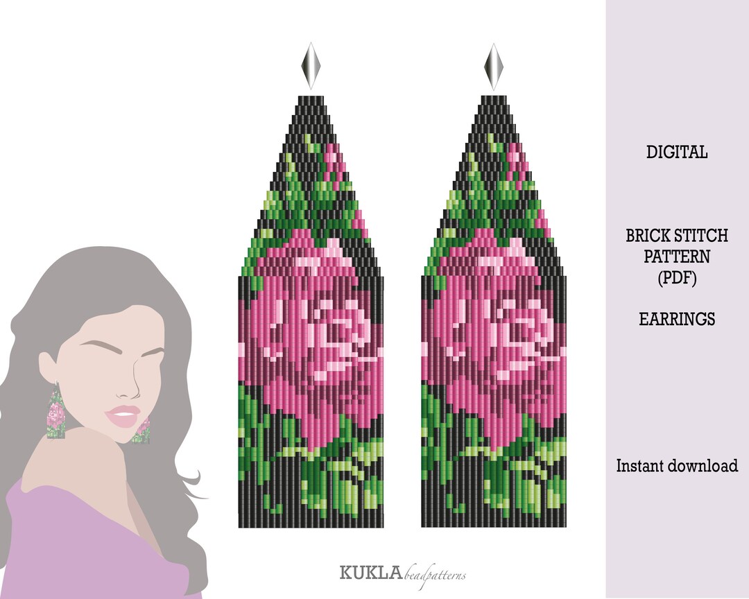 Black Rose Rose Beaded Earrings Pattern Brick Stitch + Fringe Seed Bead ...