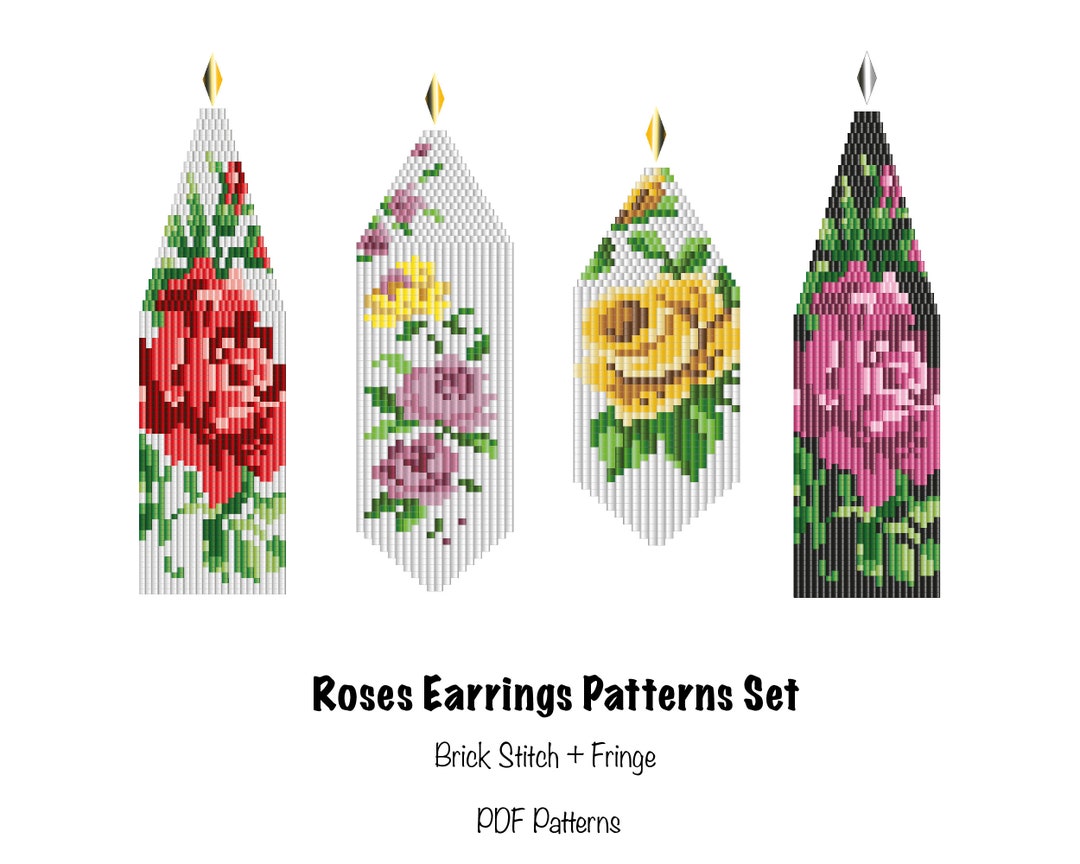 Flower Roses Beaded Earrings Pattern Set, Summer Brick Stitch Earrings ...