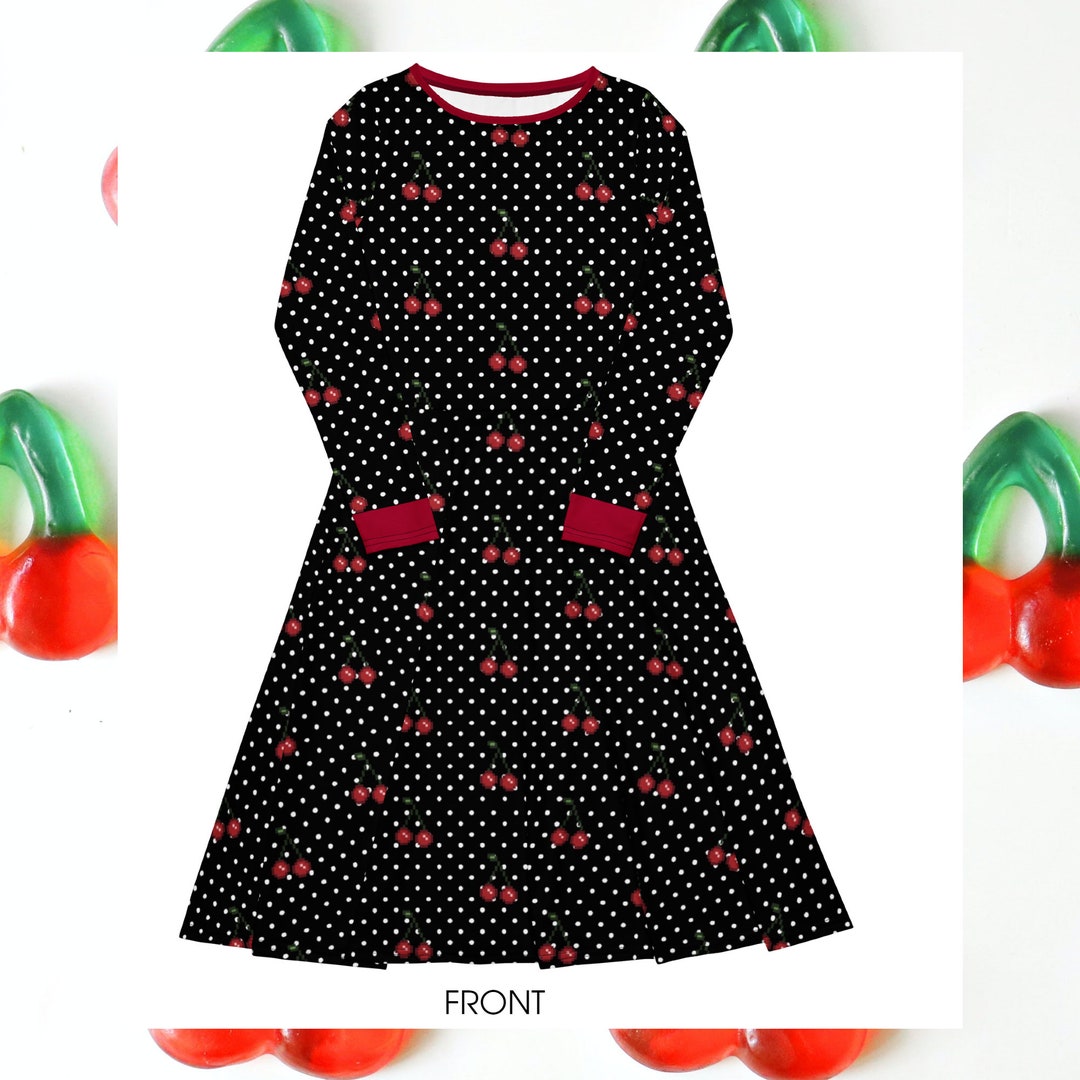 Black and Red Cherry Print Midi Style Below Knee Long Sleeve Dress Side ...
