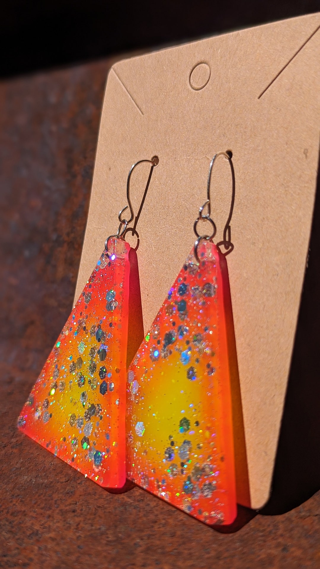 Sunburst Triangle Epoxy Resin Earrings Fiery Orange & Sunny Yellow With ...