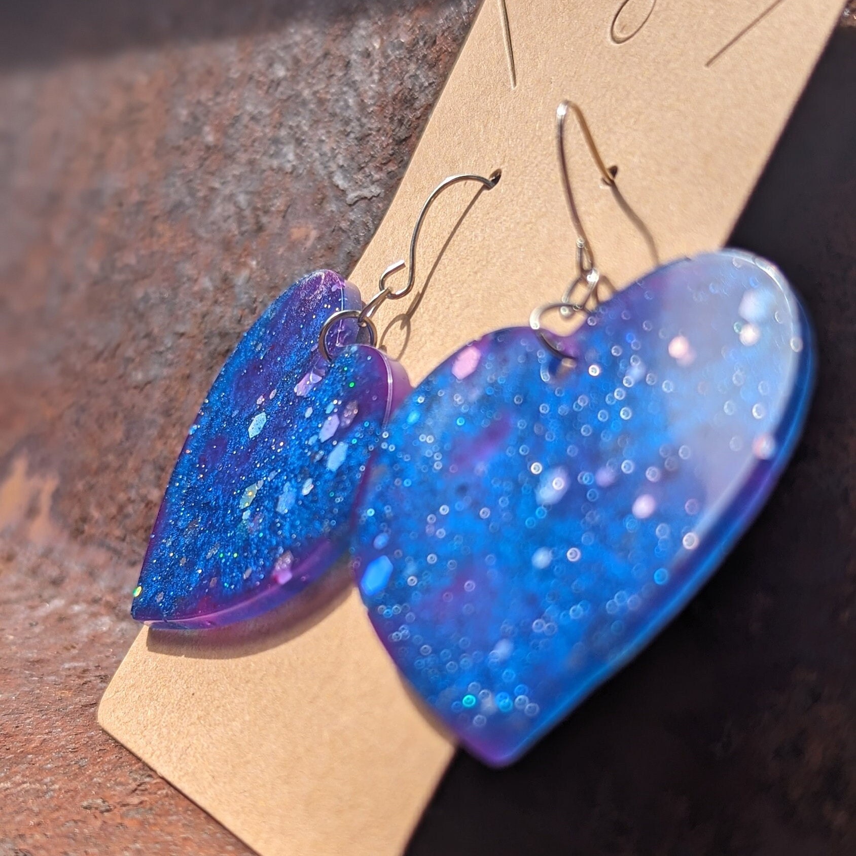 Starry Heartbeat Epoxy Resin Earrings Purple & Blue With Silver ...