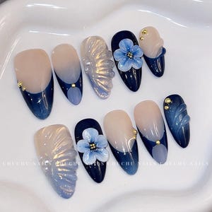 Midnight Wave | Ocean Blue Flower Nails| Hawaii Flower Plumeria ...