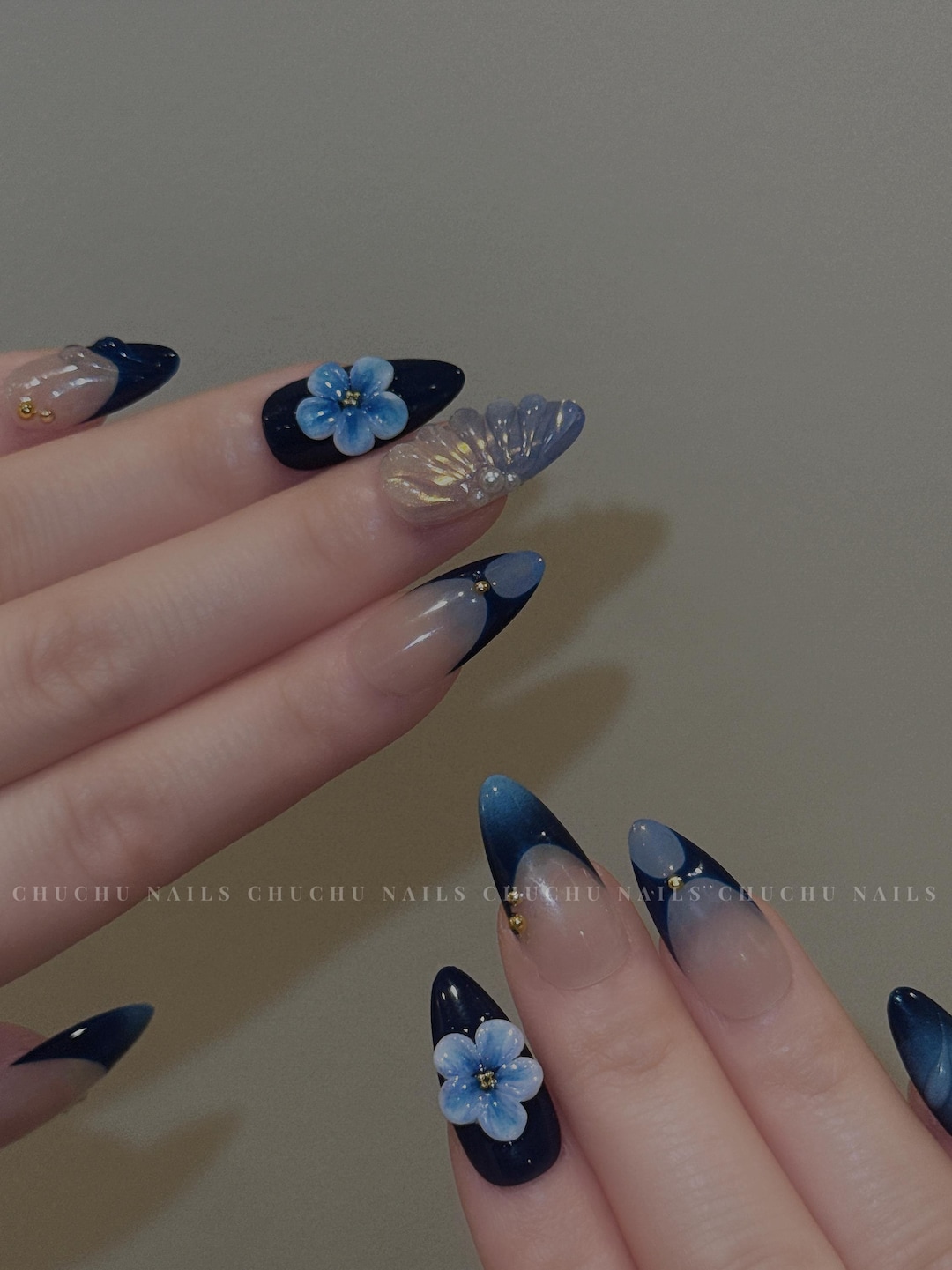 Midnight Wave | Ocean Blue Flower Nails| Hawaii Flower Plumeria ...