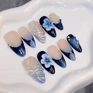Midnight Wave | Ocean Blue Flower Nails| Hawaii Flower Plumeria ...