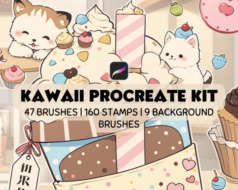 Procreate Kawaii Drawing Kit | Cute Animals Stamp Brush Set Bundle ...