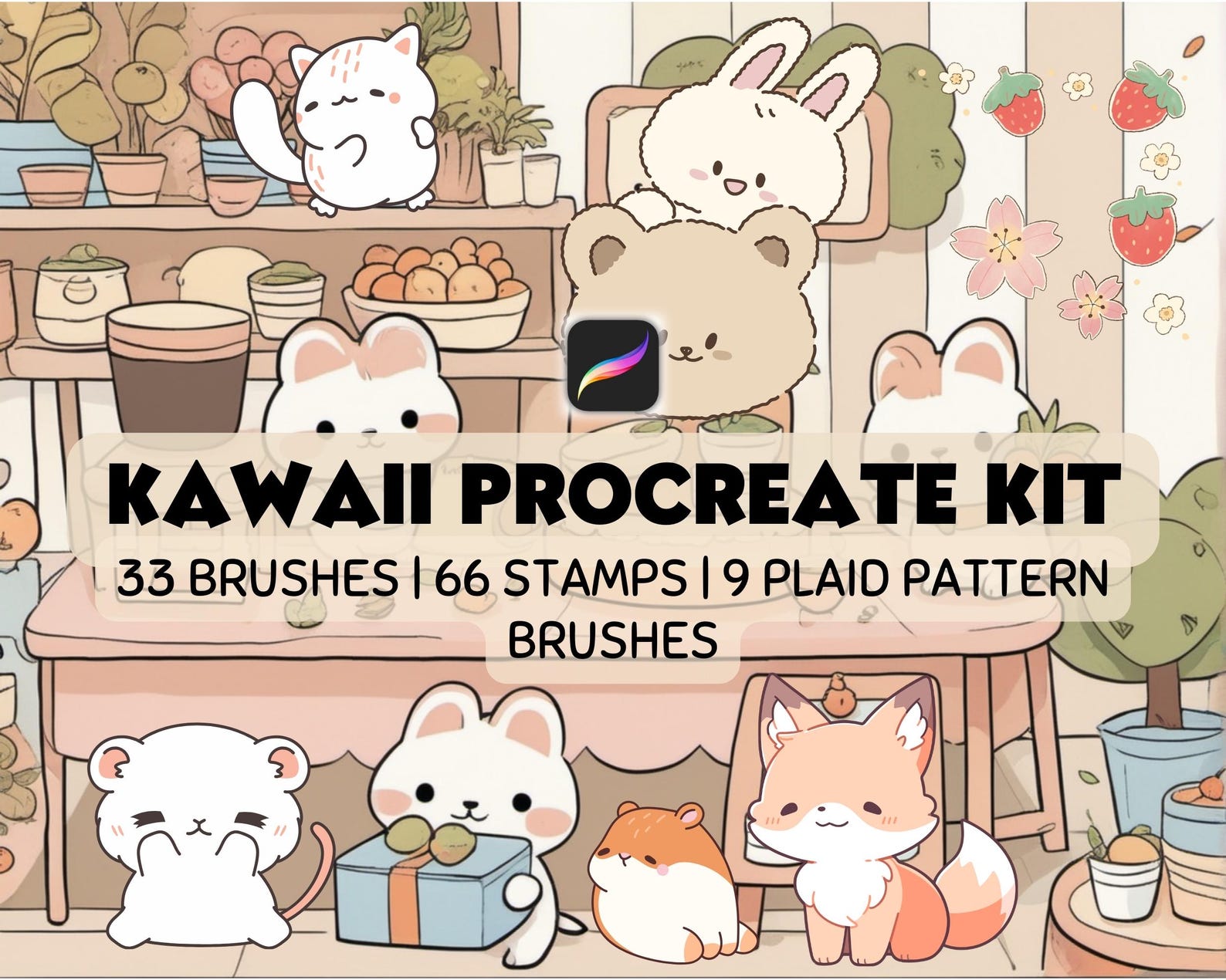 Kawaii Drawing Kit for Procreate | Cute Animal Stamp Brushes Set ...