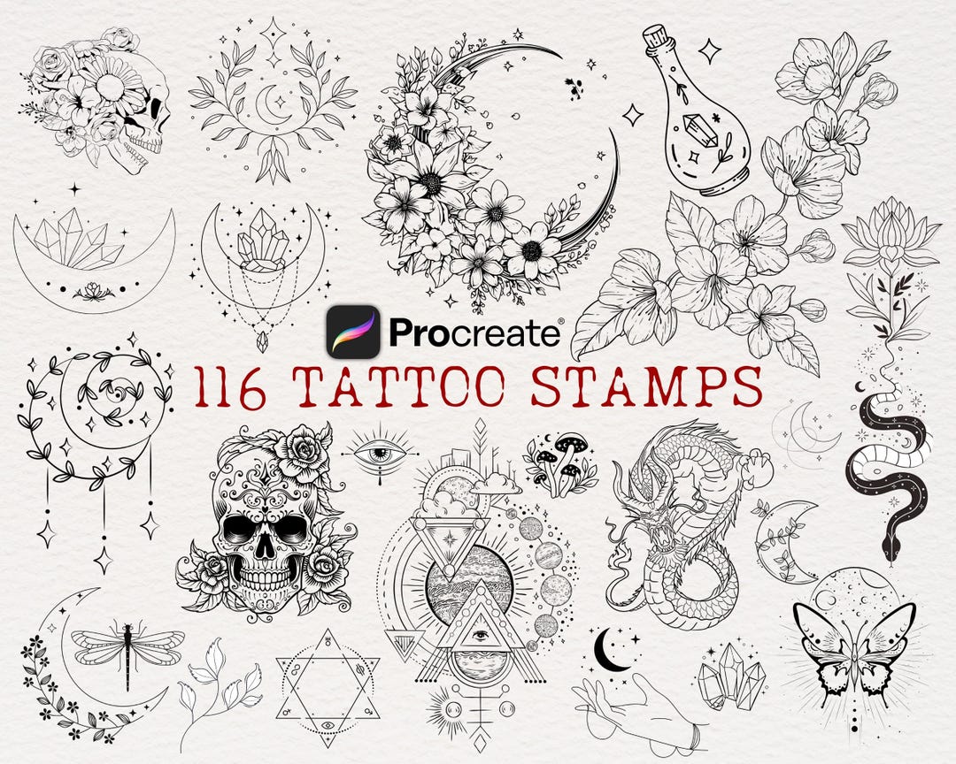 Neo-traditional Tattoo Stamps | Procreate Brush Set, Floral & Botanical ...