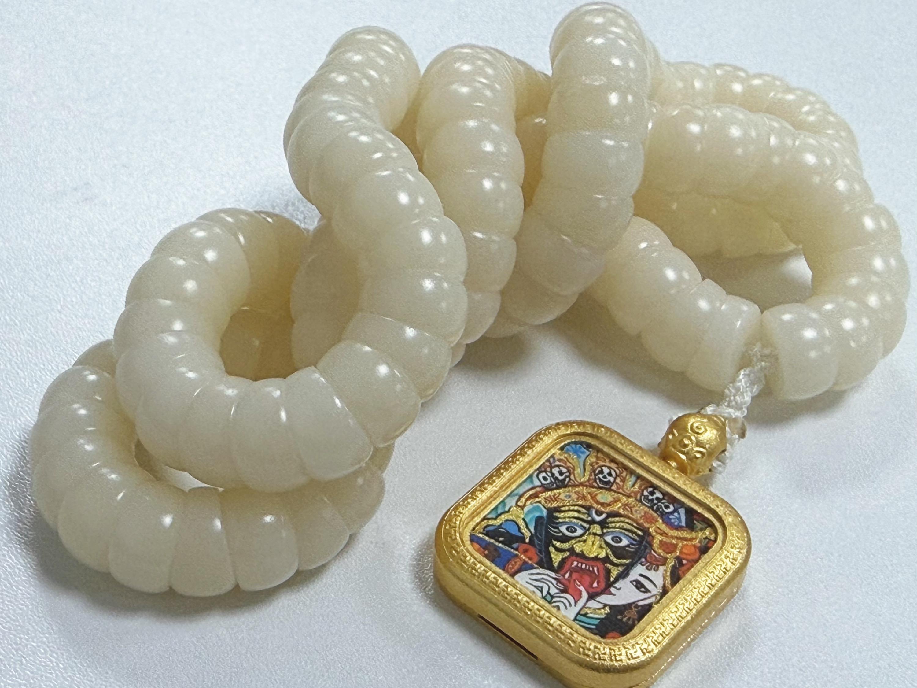 White Jade Bodhi Seed Prayer Beads, Zhakilam Thangka Pendant, Chinese ...