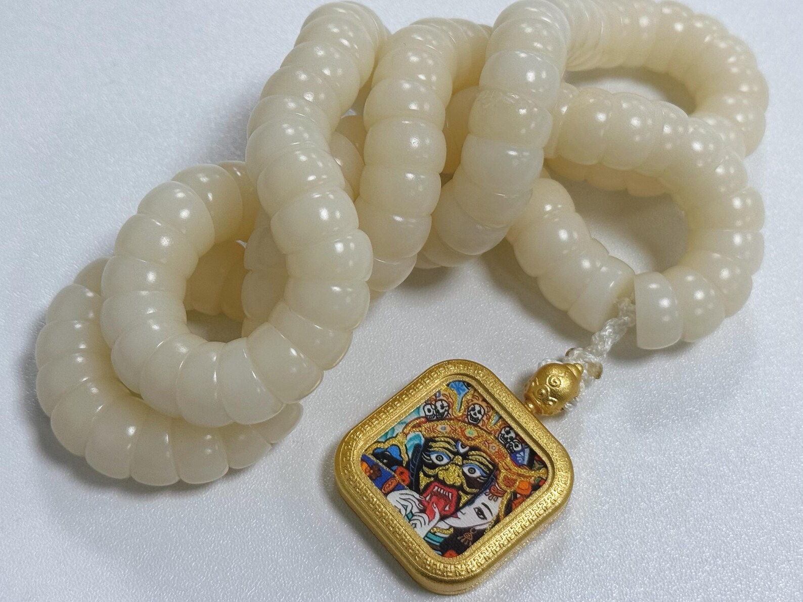 White Jade Bodhi Seed Prayer Beads, Zhakilam Thangka Pendant, Chinese ...