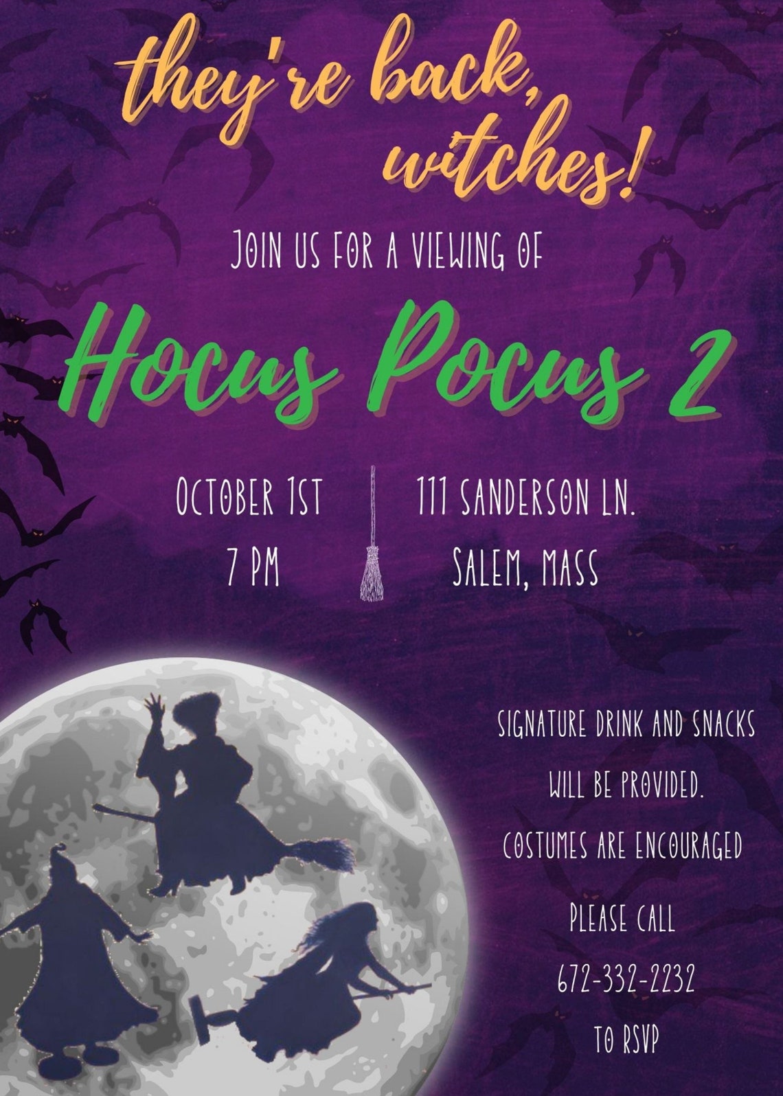 Hocus Pocus Party Invitation Halloween Movie Night Hocus - Etsy