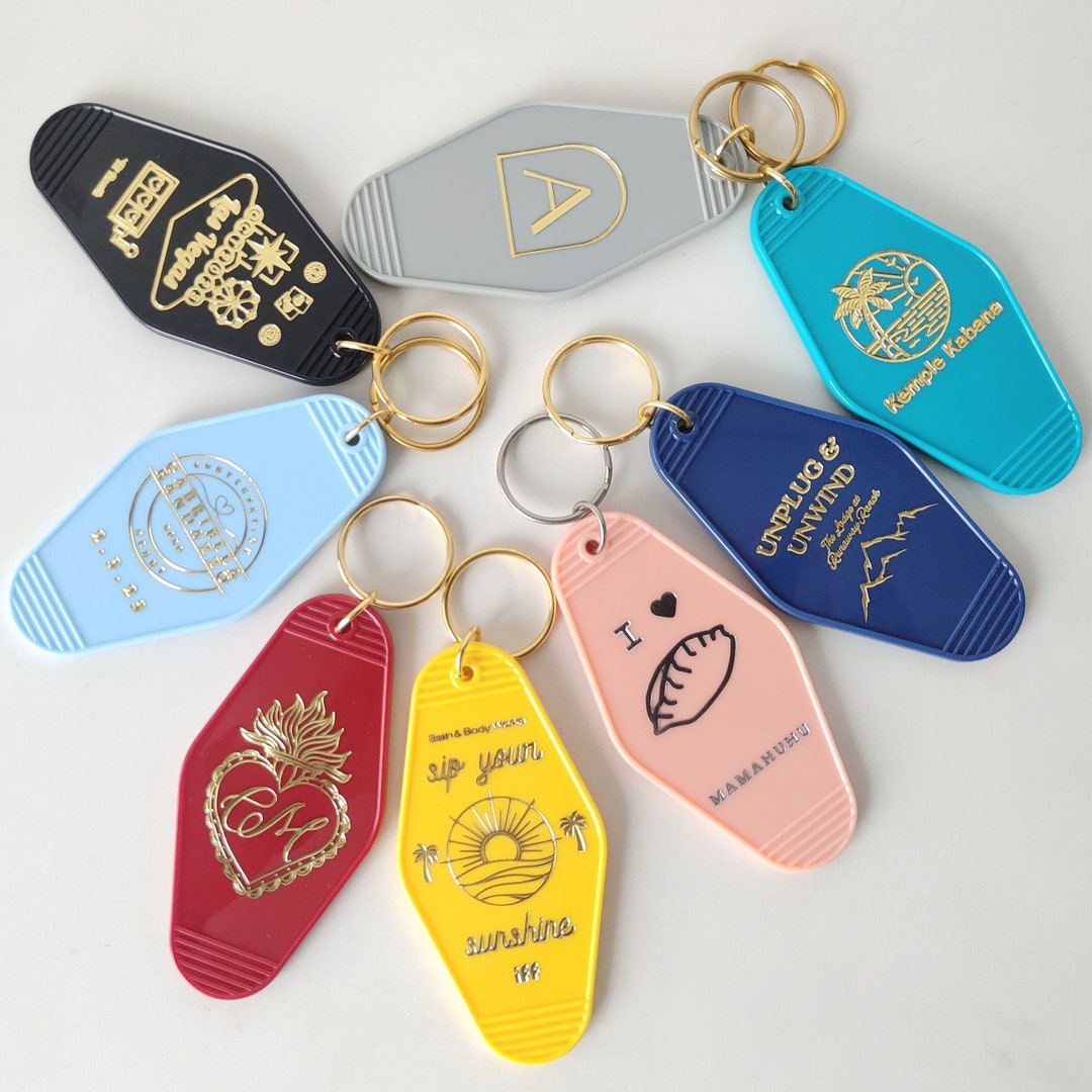 Vintage Hotel Key Chains With Foil Stamped Custom Logo, Gold or Sliver Foil Embossing, Retro ...