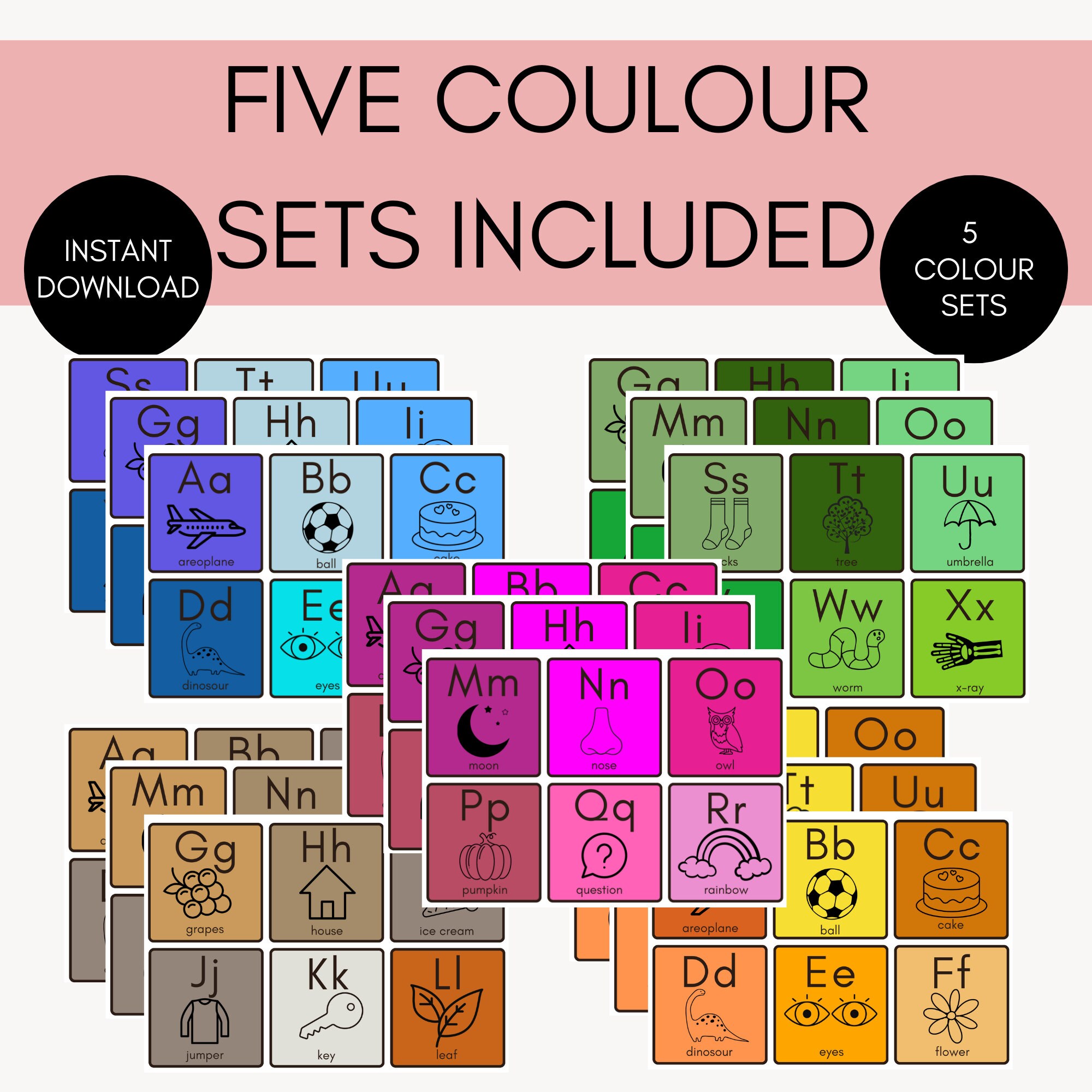 ALPHABET FLASHCARDS - Modern, 5 Colour Sets, Instant Download, Learning ...