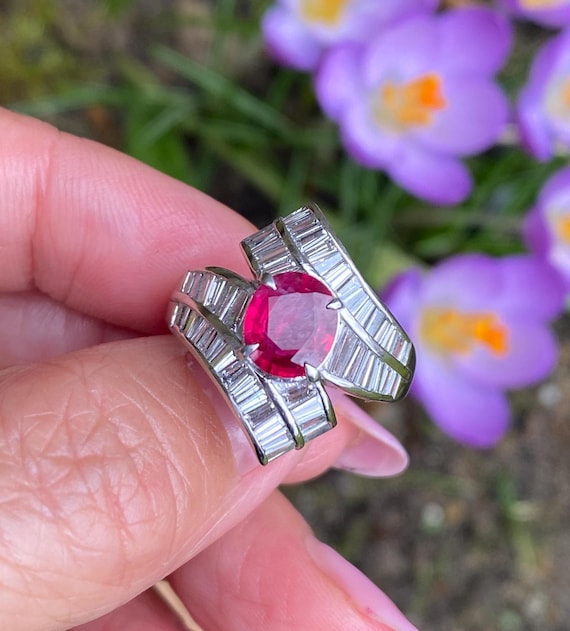 Pt900 platinum | natural ruby and diamond with certif… - Gem